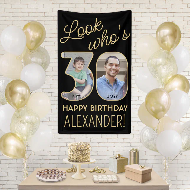Look Who's 30 Black & Gold 2 Photo Birthday Party Banner | Zazzle