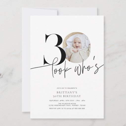 Look Who's 30 Modern Simple Photo 30th Birthday Invitation | Zazzle