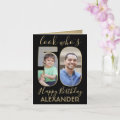 Look Who's 50 Black & Gold 2 Photo Happy Birthday Card | Zazzle