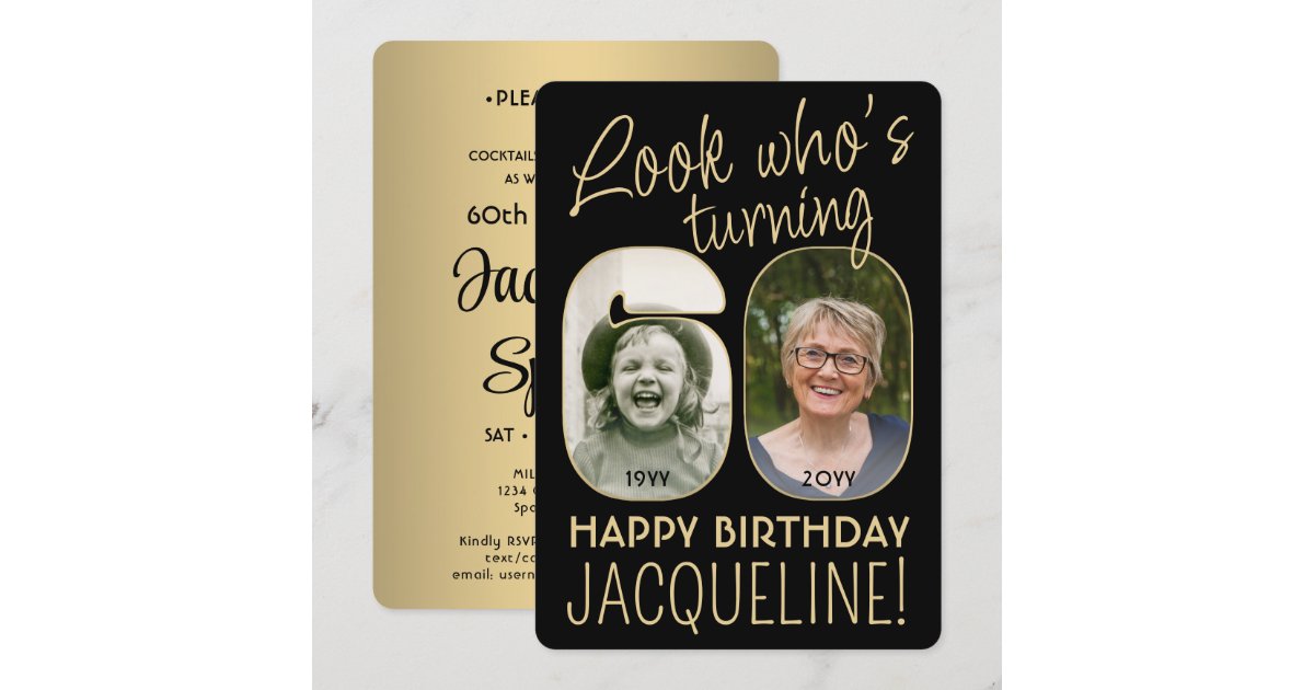 Look Who's 60 Black & Gold Birthday Party 2 Photo Invitation | Zazzle