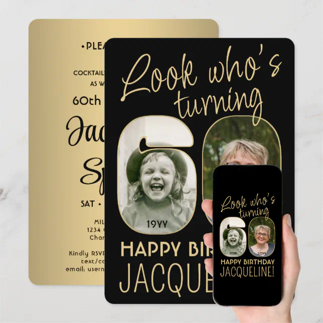 Look Who's 60 Black & Gold Birthday Party 2 Photo Invitation | Zazzle
