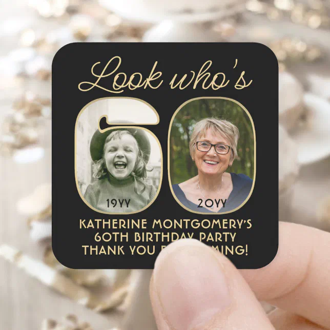 Look Who's 60 Black & Gold Birthday Party 2 Photo Square Sticker | Zazzle