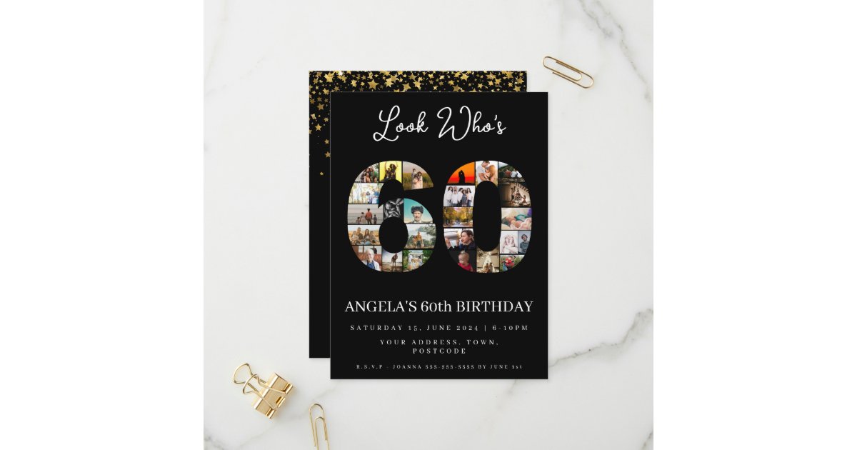 look who's 60 happy birthday Photo arrangement Invitation Postcard | Zazzle