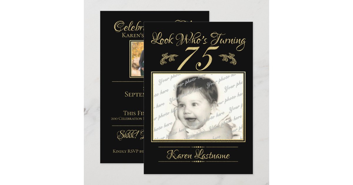 Look Who's 75 Photo Gold Black Invitation | Zazzle
