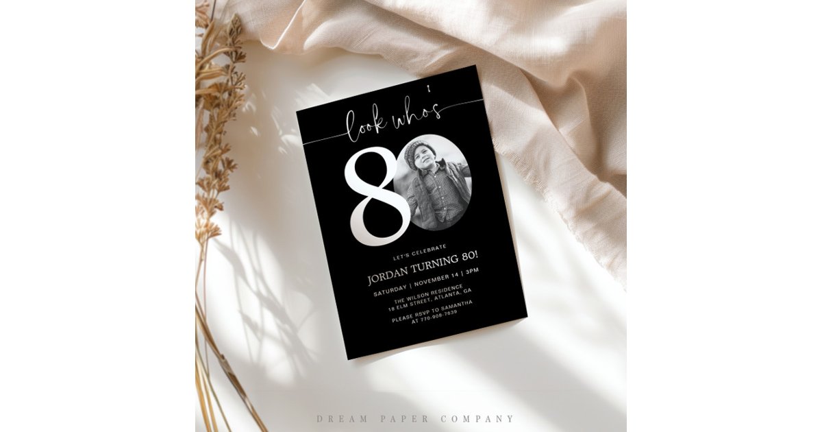 Look Who's 80 | Black 80th Birthday Invite | Zazzle