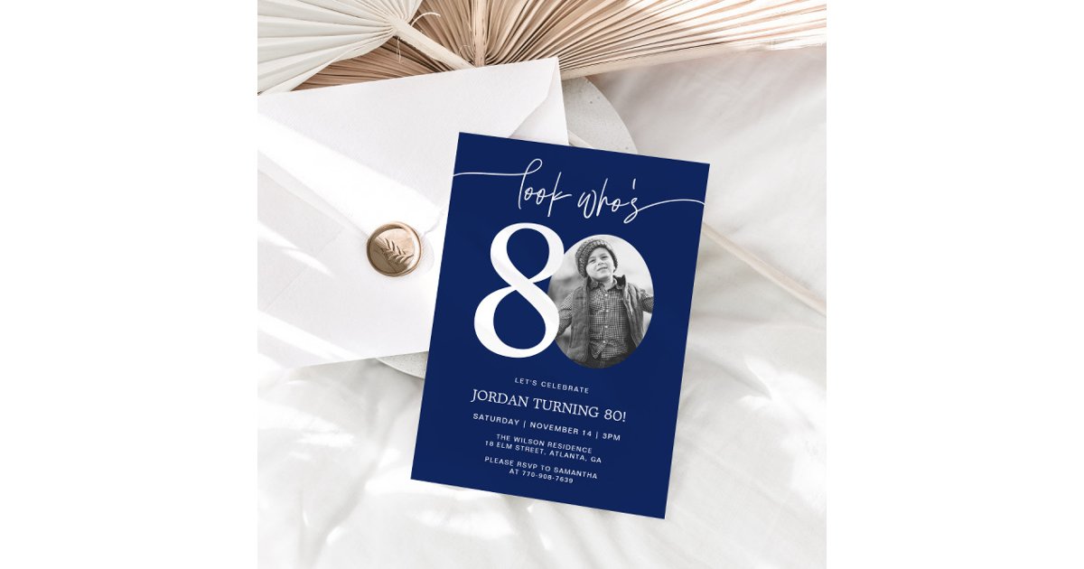 Look Who's 80 | Navy 80th Birthday Invite | Zazzle
