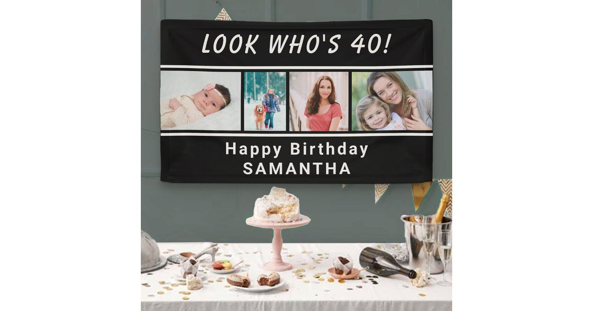 Look Who's Any Age 4 Photo Black Birthday Banner | Zazzle