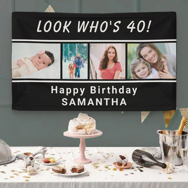 Look Who's Any Age 4 Photo Black Birthday Banner | Zazzle