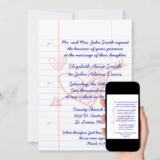 Loose Leaf Notebook Paper Wedding Invitation | Zazzle