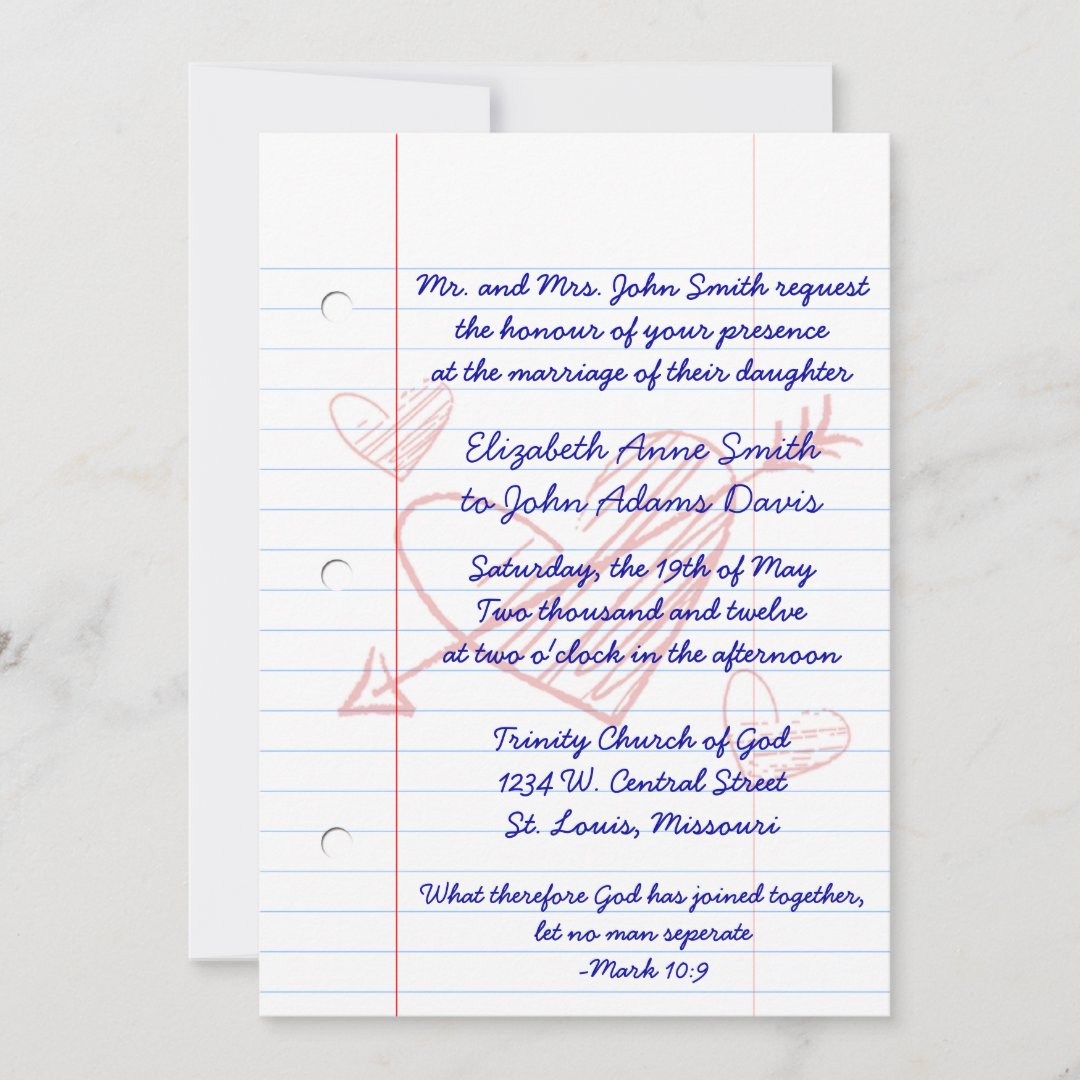 Loose Leaf Notebook Paper Wedding Invitation | Zazzle