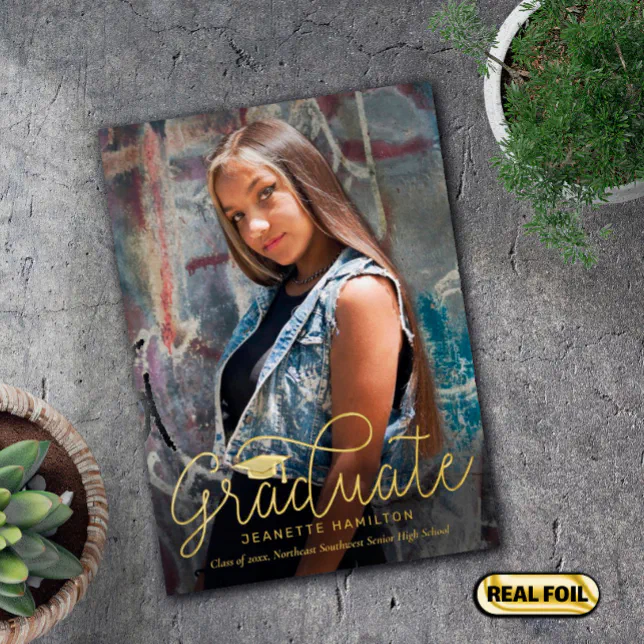 Loose Script Front/Back Photo Graduation Foil Invitation | Zazzle