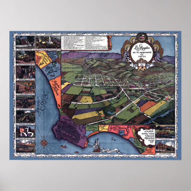 Los Angeles, California, Antique Aerial City Map Poster | Zazzle