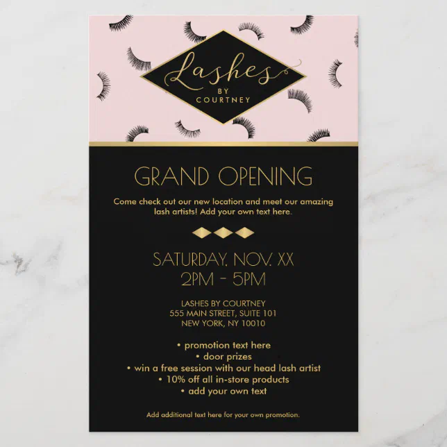 Lots of Lashes Pattern Lash Salon Pink/Black/Gold Flyer | Zazzle