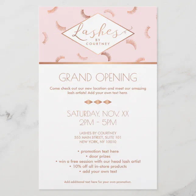 Lots of Lashes Pattern Lash Salon Pink/Rose Gold Flyer | Zazzle