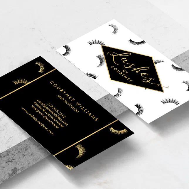Lots of Lashes Pattern Lash Salon White/Black/Gold Business Card | Zazzle