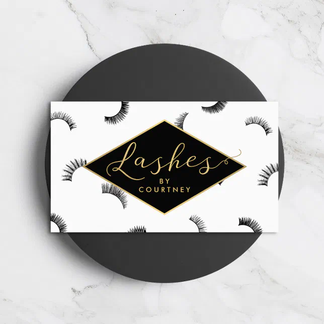 Lots of Lashes Pattern Lash Salon White/Black/Gold Business Card | Zazzle