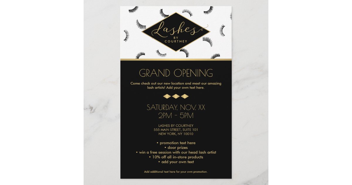 Lots of Lashes Pattern Lash Salon White/Black/Gold Flyer | Zazzle