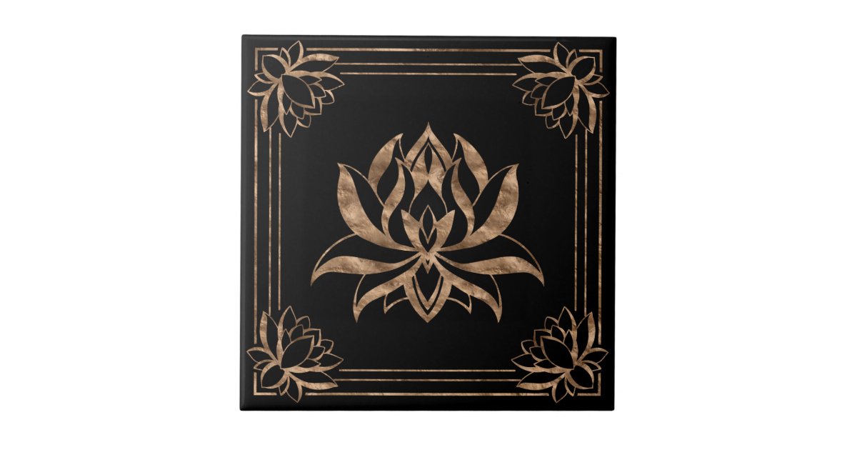 Lotus Flower Square ornament - black and gold Ceramic Tile | Zazzle