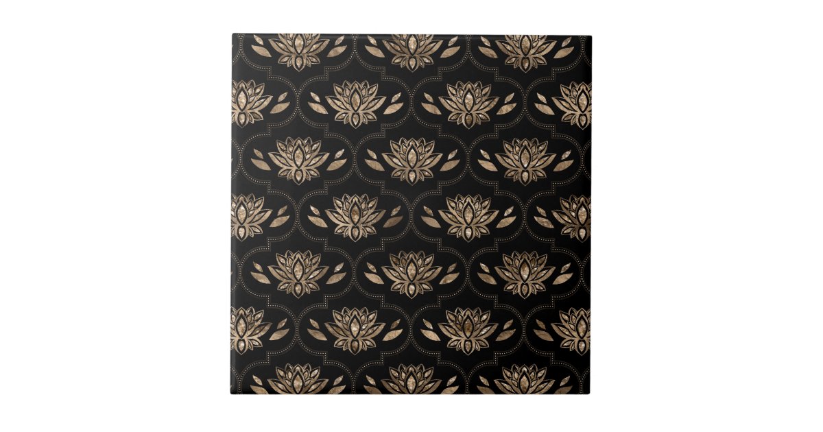 Lotus Flowers pattern - black and gold Ceramic Tile | Zazzle