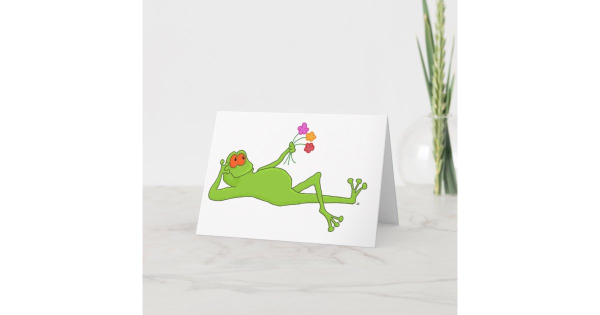 Lounging Frog With Bouquet Greeting Card | Zazzle