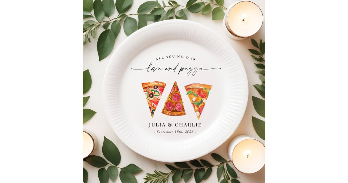 Love and Pizza Rehearsal Dinner Paper Plates | Zazzle