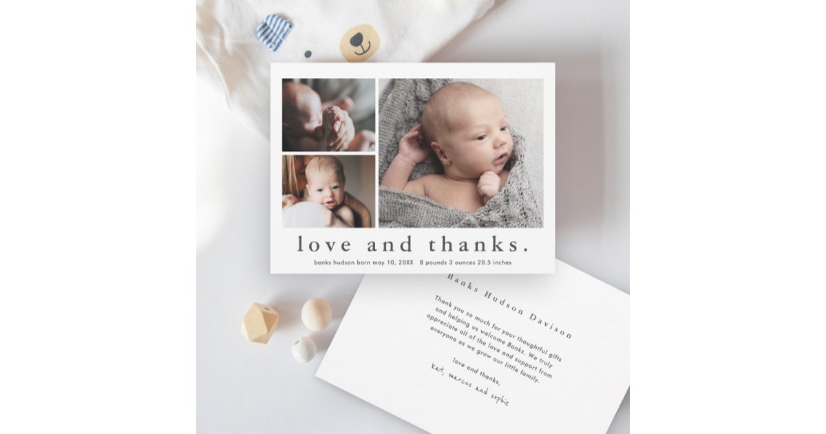 Love and Thanks 3 Photo Baby Thank You Card | Zazzle