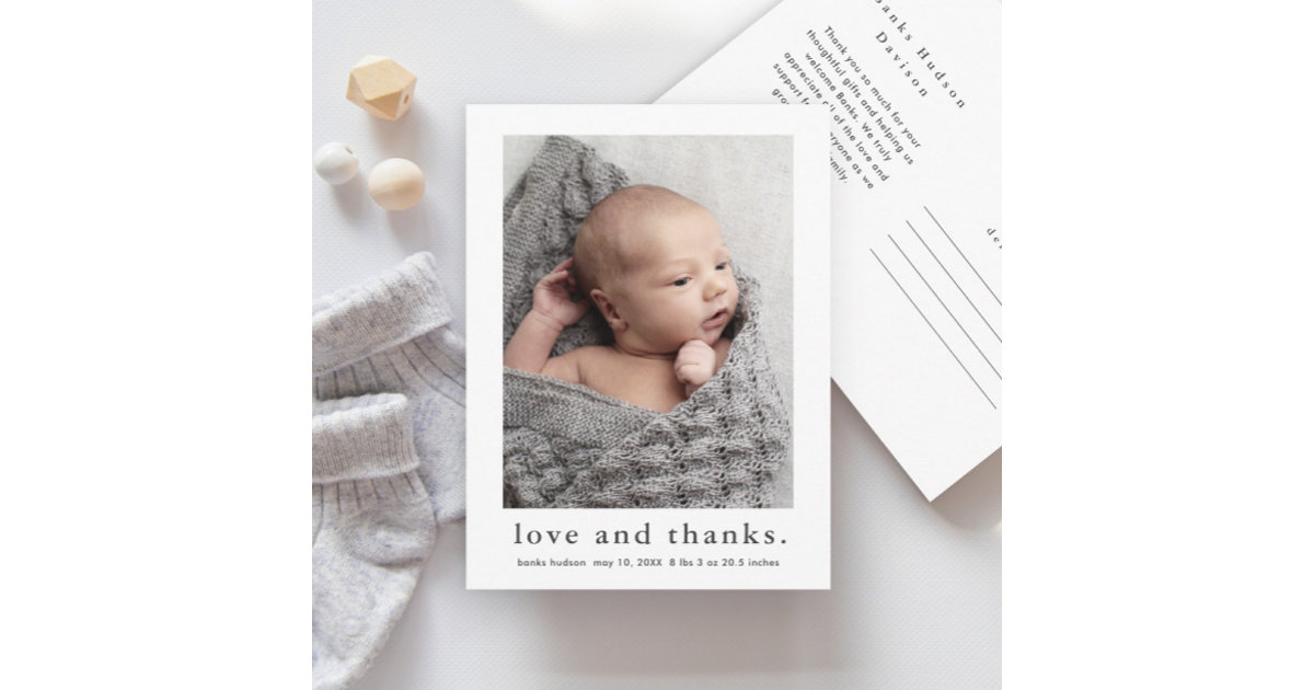 Love and Thanks Baby Photo Birth Announcement Postcard | Zazzle