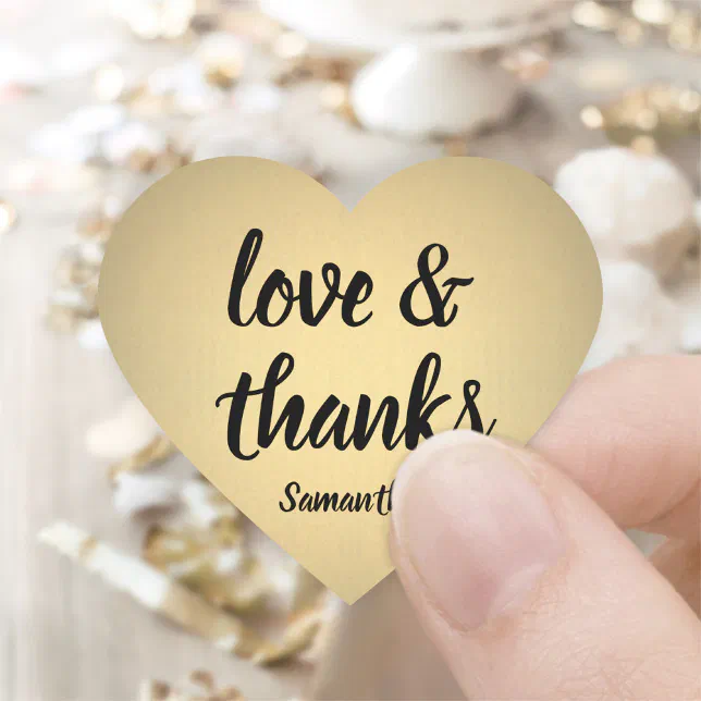 Love and Thanks Black and Gold Faux Foil Thank You Heart Sticker | Zazzle