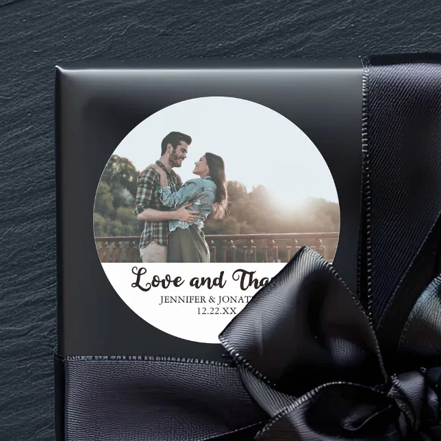 Love and Thanks Couple Photo Chic Wedding Classic Round Sticker | Zazzle