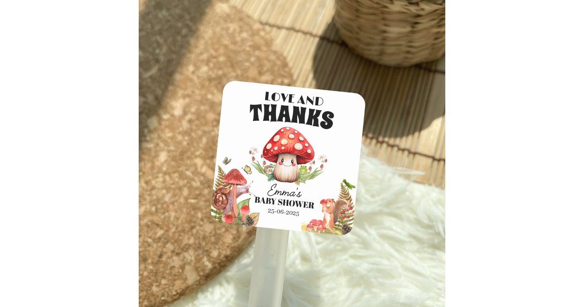 Love and Thanks Fungi Mushroom Moth Baby Shower Square Sticker | Zazzle