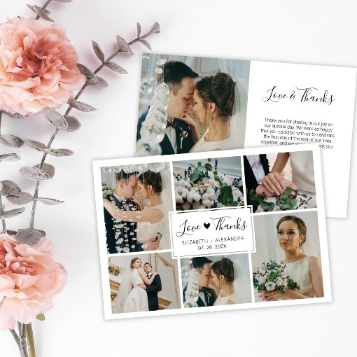 Love and Thanks Heart Simple Wedding Photo Collage Thank You Card | Zazzle