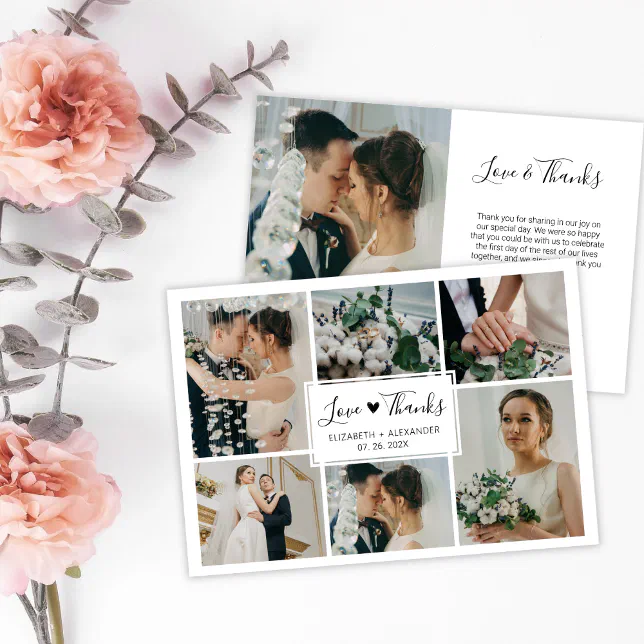 Love and Thanks Heart Simple Wedding Photo Collage Thank You Card | Zazzle