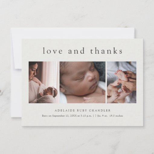 Love and Thanks Minimal 3 Photo Collage New Baby Thank You Card | Zazzle