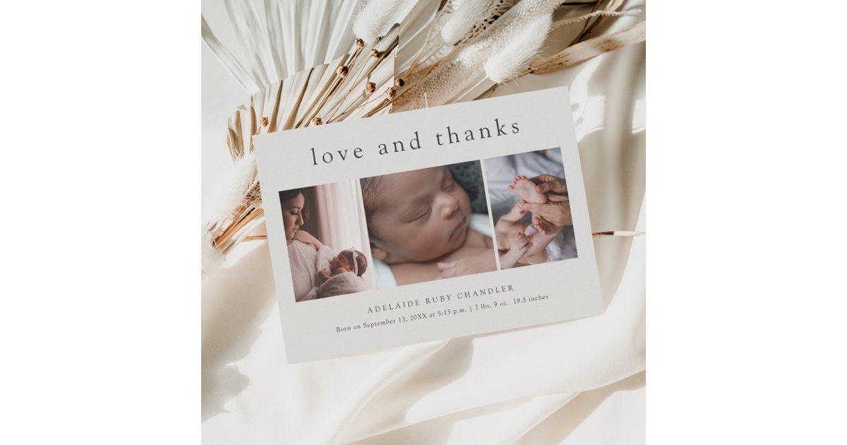 Love and Thanks Minimal 3 Photo Collage New Baby Thank You Card | Zazzle