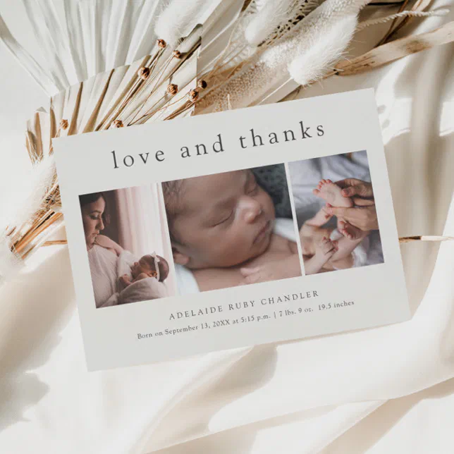 Love and Thanks Minimal 3 Photo Collage New Baby Thank You Card | Zazzle