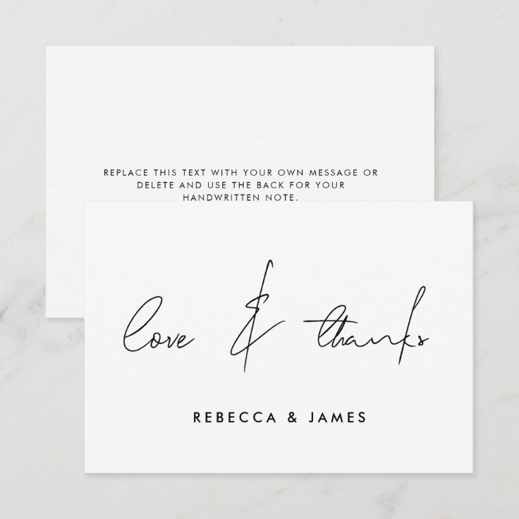 Love and Thanks Minimal Black White Calligraphy Thank You Card | Zazzle