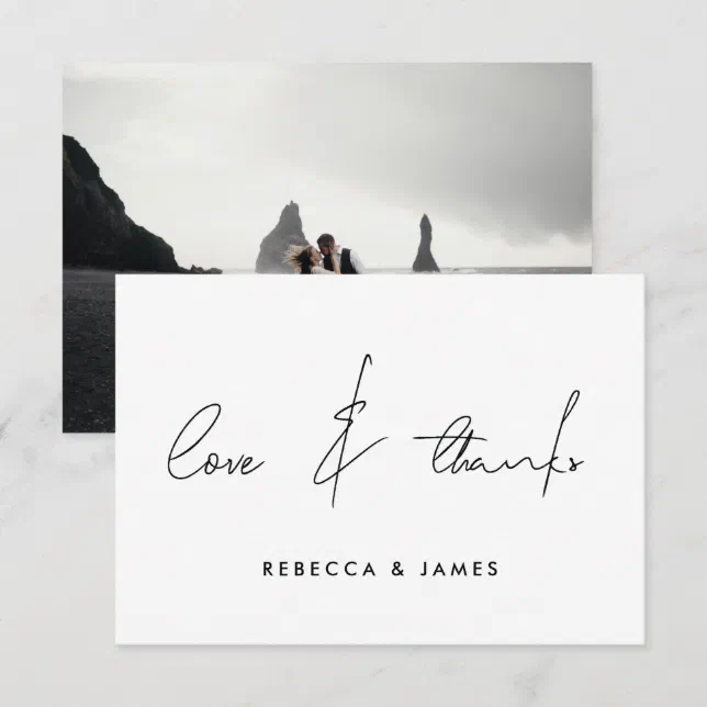 Love and Thanks Minimal Photo Calligraphy Wedding Thank You Card | Zazzle