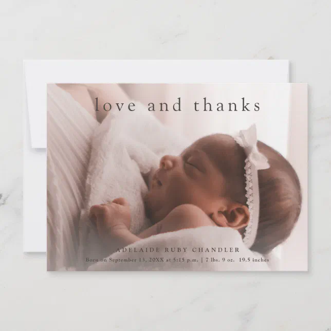 Love and Thanks Minimal Simple Photo Baby Thank You Card | Zazzle