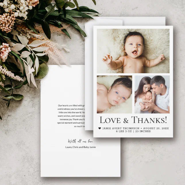 Love and Thanks Modern three photos baby Thank You Card | Zazzle