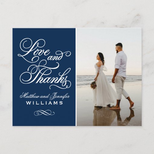 Love and Thanks Navy Blue Wedding Photo Thank You Postcard | Zazzle