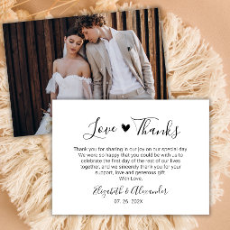Love and Thanks Script Heart Wedding Photo Thank You Card | Zazzle