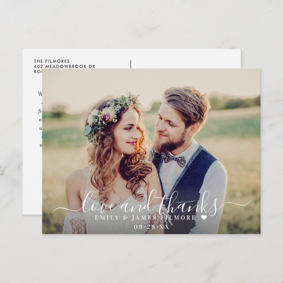 Love and Thanks Script Wedding Photo Thank You Postcard | Zazzle
