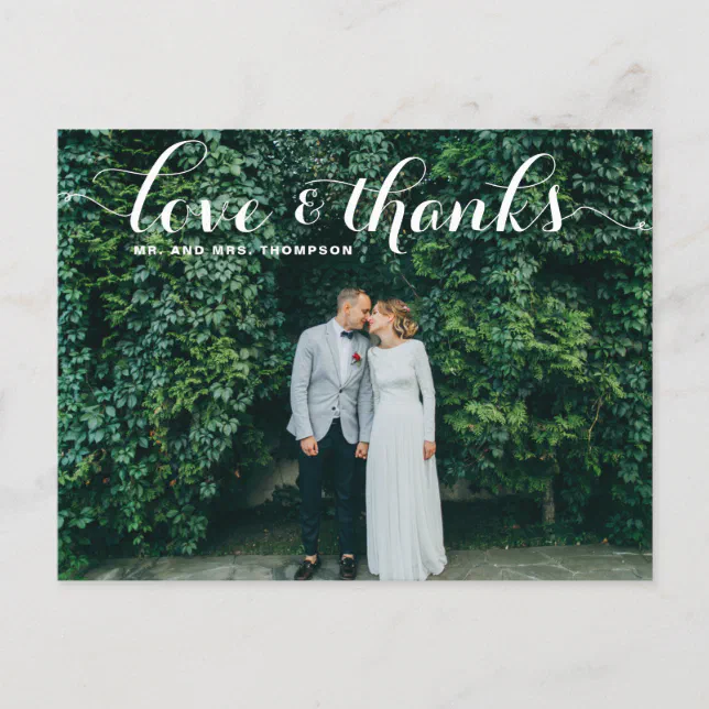 LOVE AND THANKS SCRIPT WEDDING THANK YOU POSTCARD | Zazzle