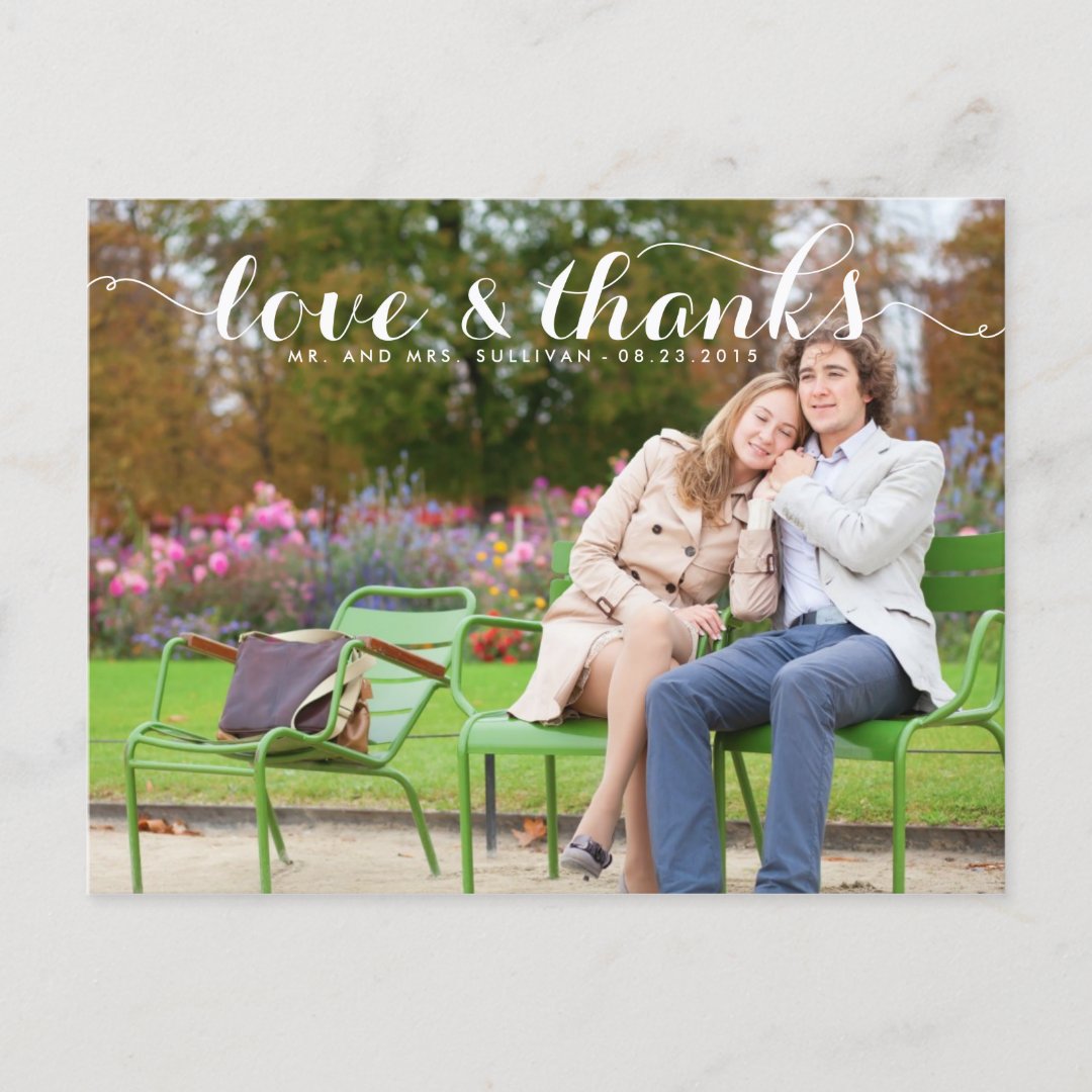 LOVE AND THANKS SCRIPT WEDDING THANK YOU POSTCARD | Zazzle