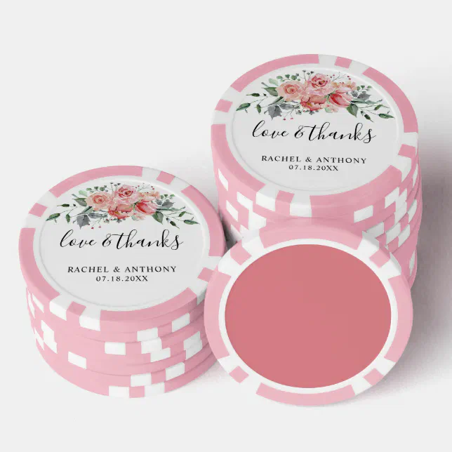 Love and Thanks Wedding Custom Pink Floral Boho Poker Chips | Zazzle