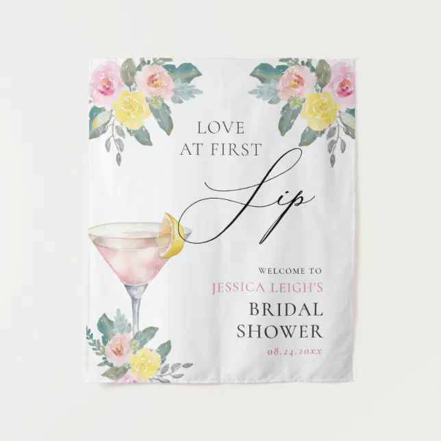 Love at First Sip Bright Cocktail Bridal Shower Tapestry | Zazzle