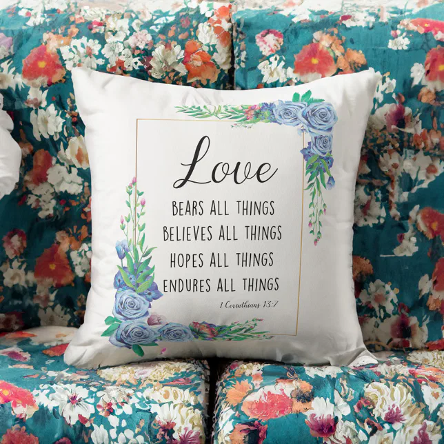 Love bears all things Bible verse Christian Throw Pillow | Zazzle