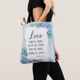 Love bears all things Bible verse quote Christian Tote Bag | Zazzle