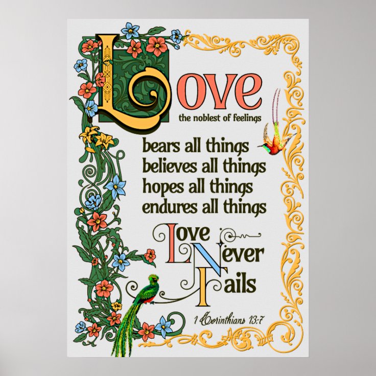 Love Bears All Things Never Fails Bible Verse Poem Poster | Zazzle