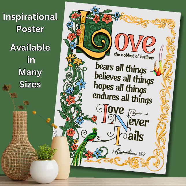 Love Bears All Things Never Fails Bible Verse Poem Poster | Zazzle
